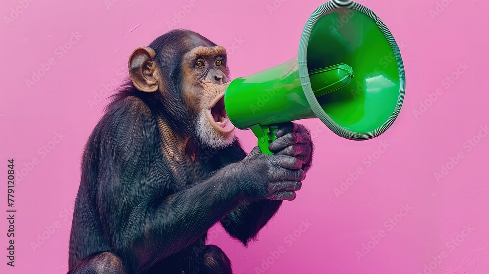 Place a monkey holding a megaphone, its mouth wide open in a shout ...