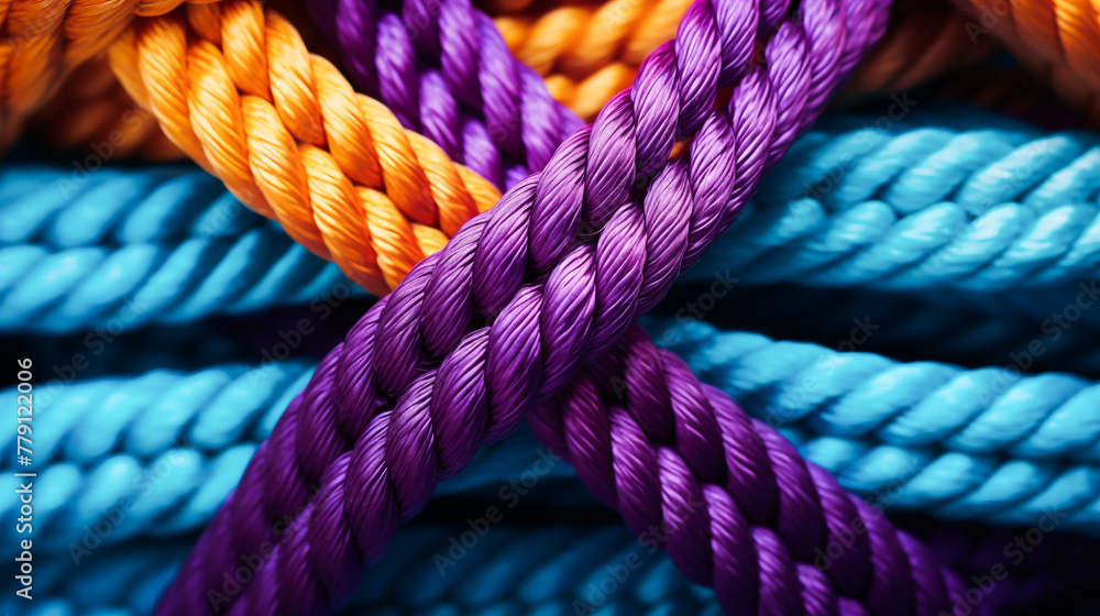 Colored ropes connected together in interdependence. Ropes joining ...