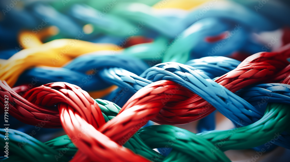 Colored ropes connected together in interdependence. Ropes joining ...