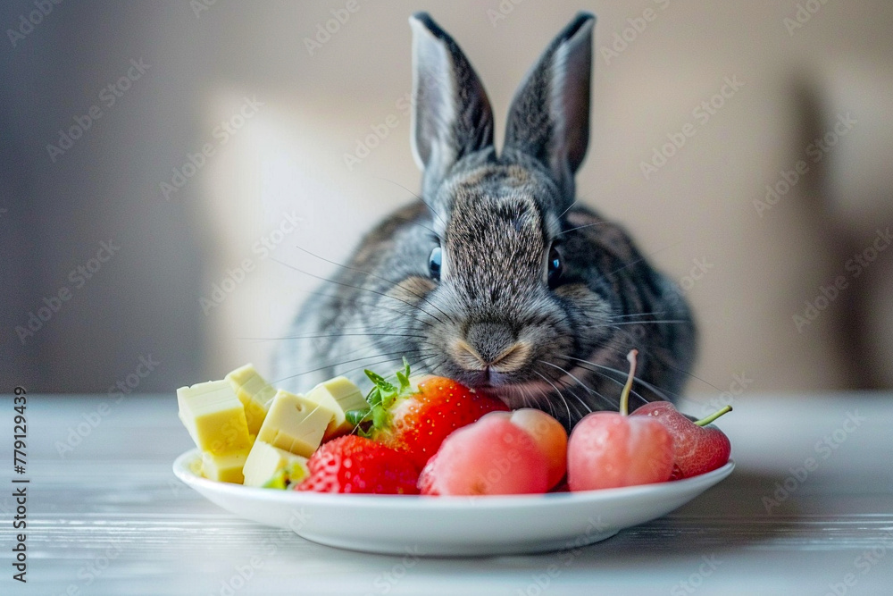 A rabbit choosing a plate of tofu over a pile of sweets, a decision for ...