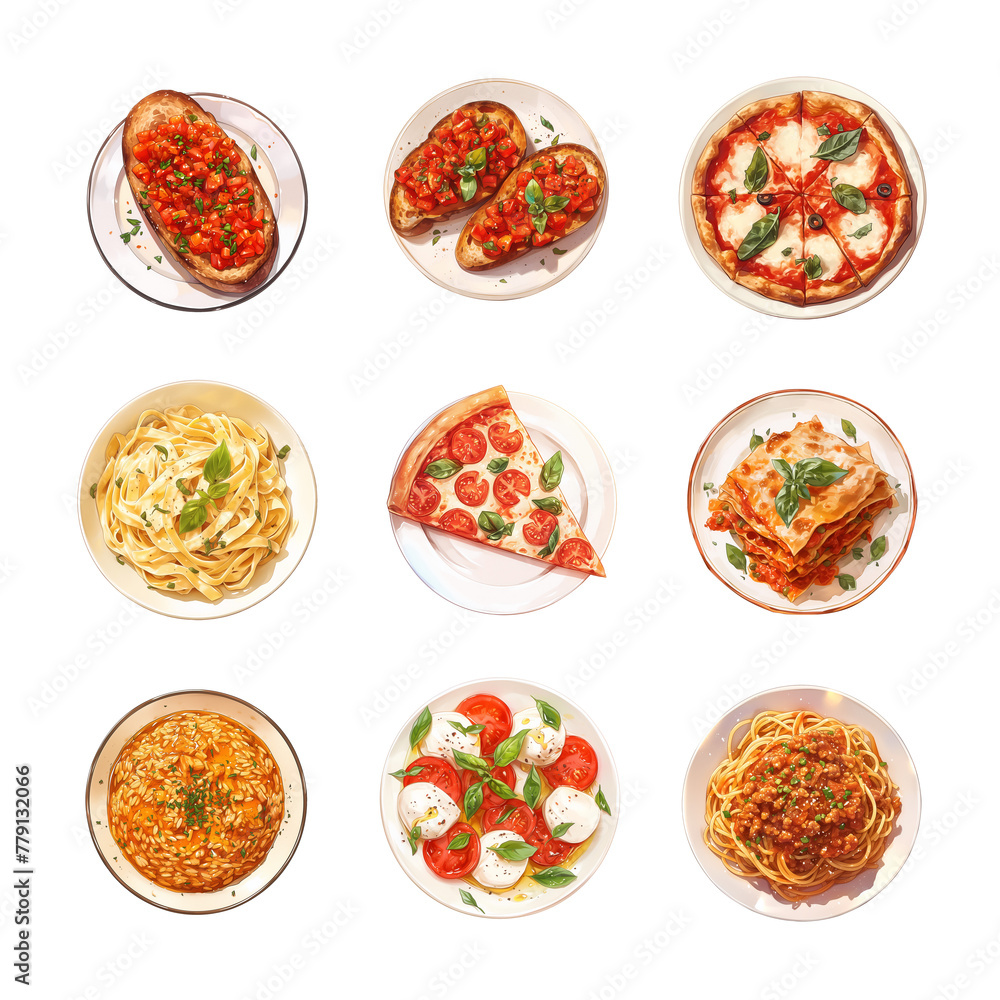 Watercolor set of Italian dishes on transparent background. Bruschetta ...