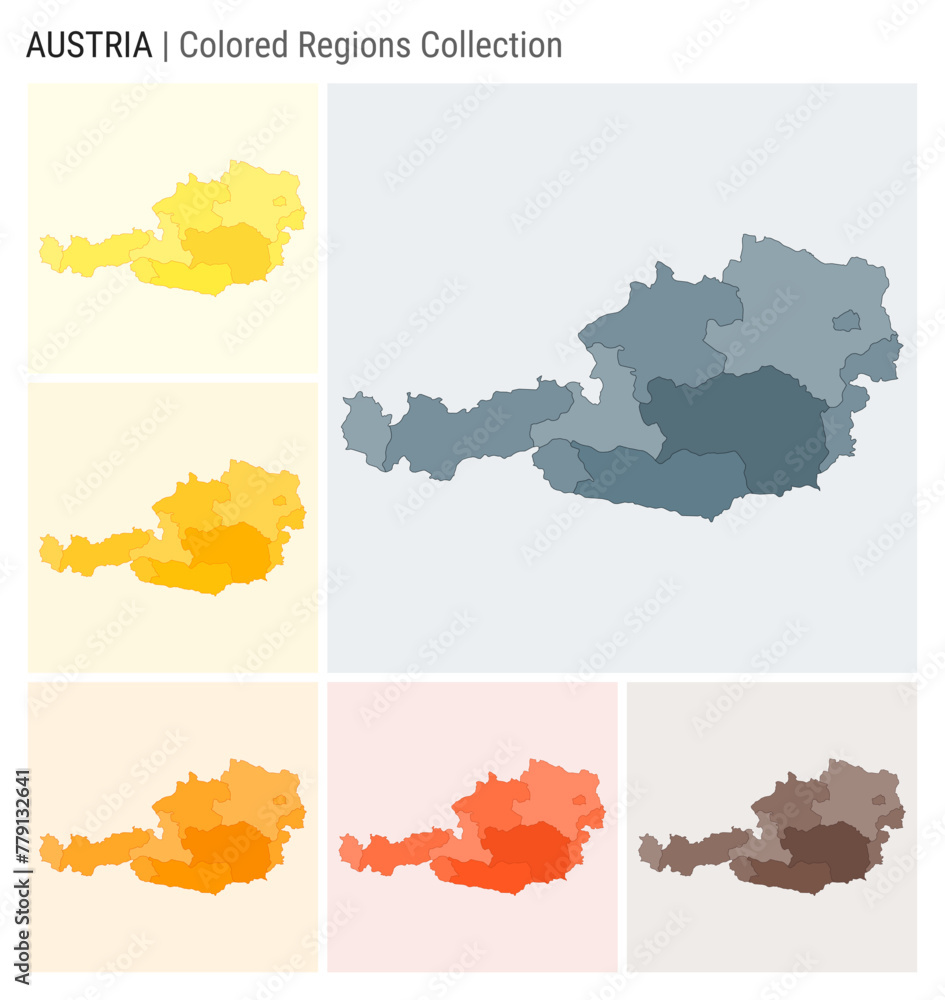 Austria map collection. Country shape with colored regions. Blue Grey ...