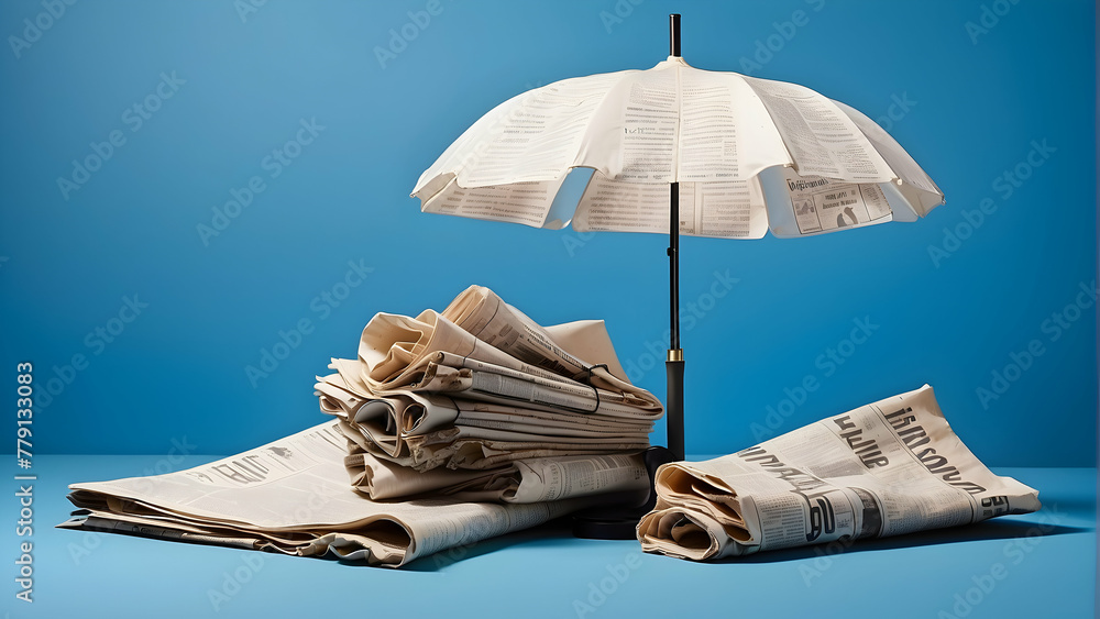 An umbrella shields a stack of newspapers on a bright blue background ...