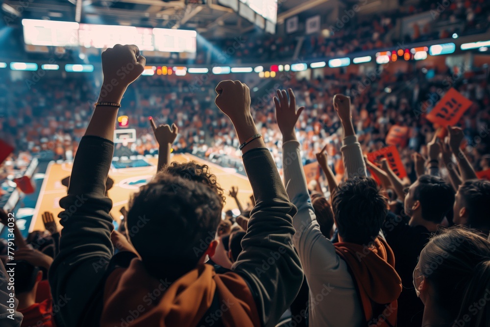 Basketball game from the perspective of the crowd, with fans cheering ...