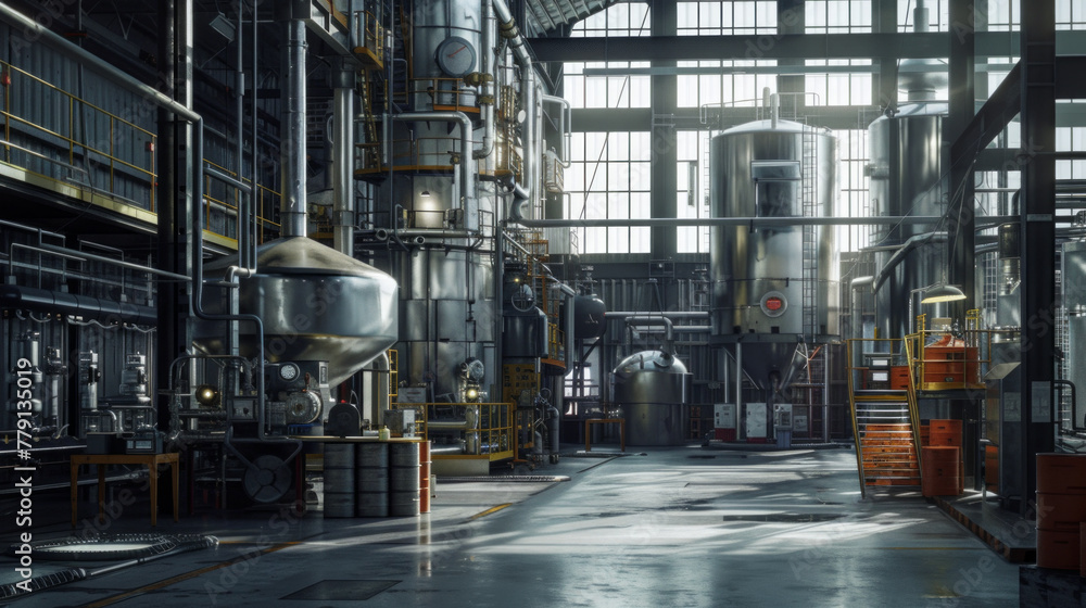 A bustling chemical process engineering lab with distillation columns ...