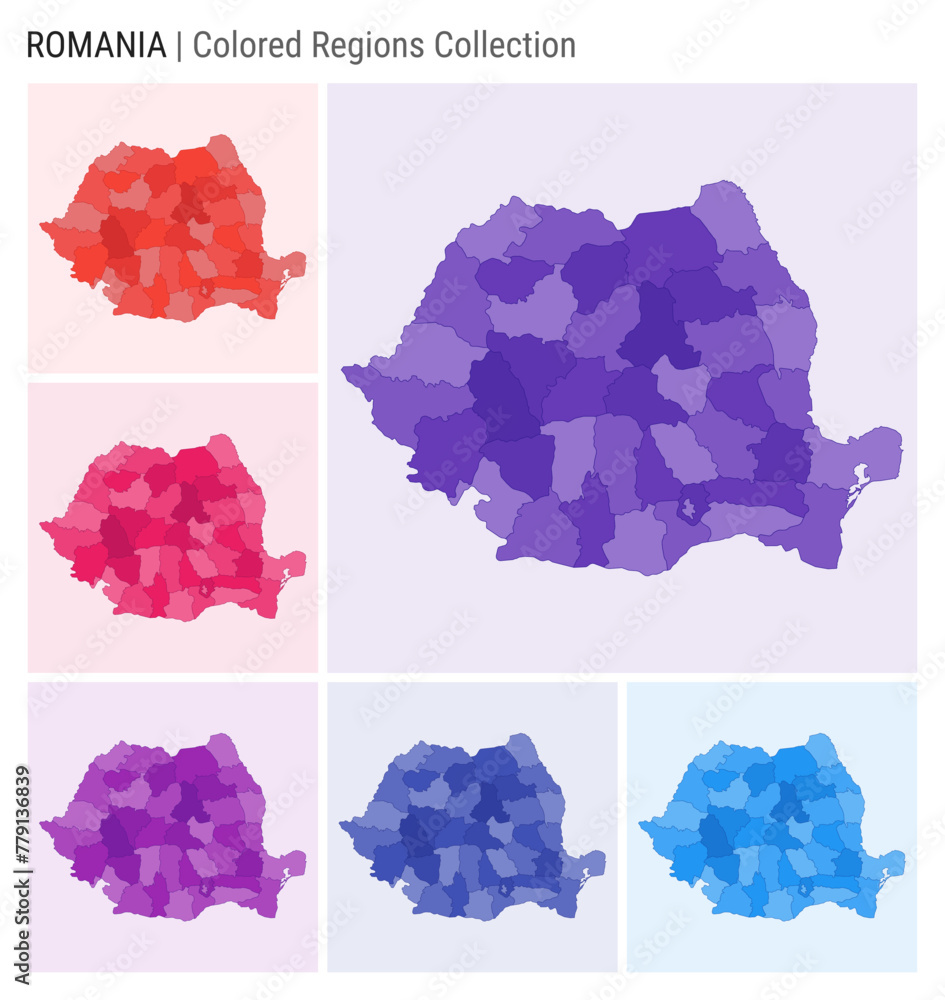 Romania map collection. Country shape with colored regions. Deep Purple ...
