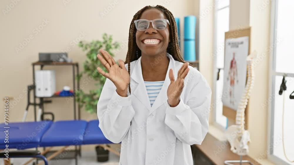 Joyful african-american woman physio therapist, clad in uniform ...