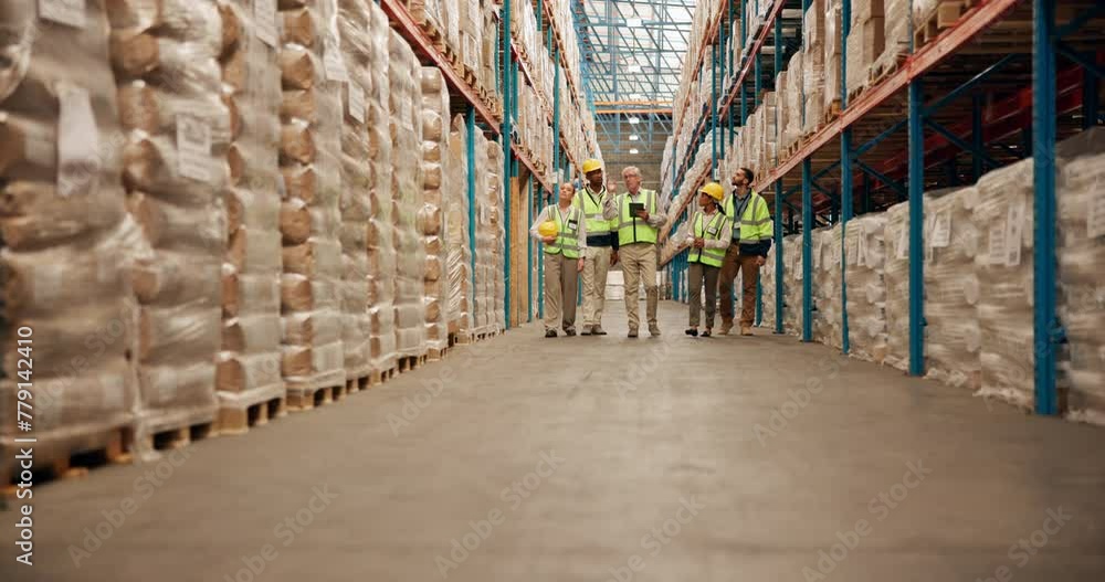 Walking, talking and group of people in warehouse for discussion ...