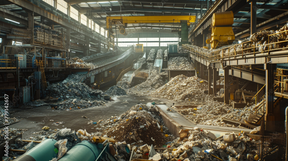 A busy metal recycling facility with sorting lines and melting furnaces ...