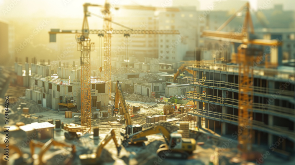 A bustling construction site with cranes and bulldozers, currently ...