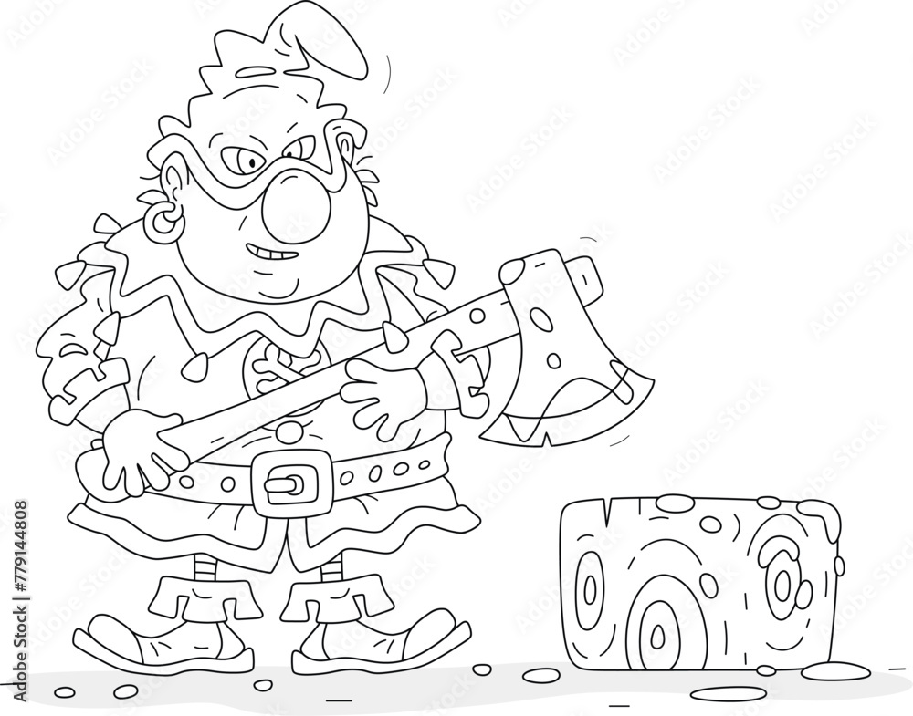 Angry executioner with a wicked grin and a bloody ax near an execution ...