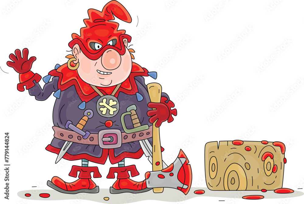 Angry executioner with a wicked grin and a bloody ax near an execution ...
