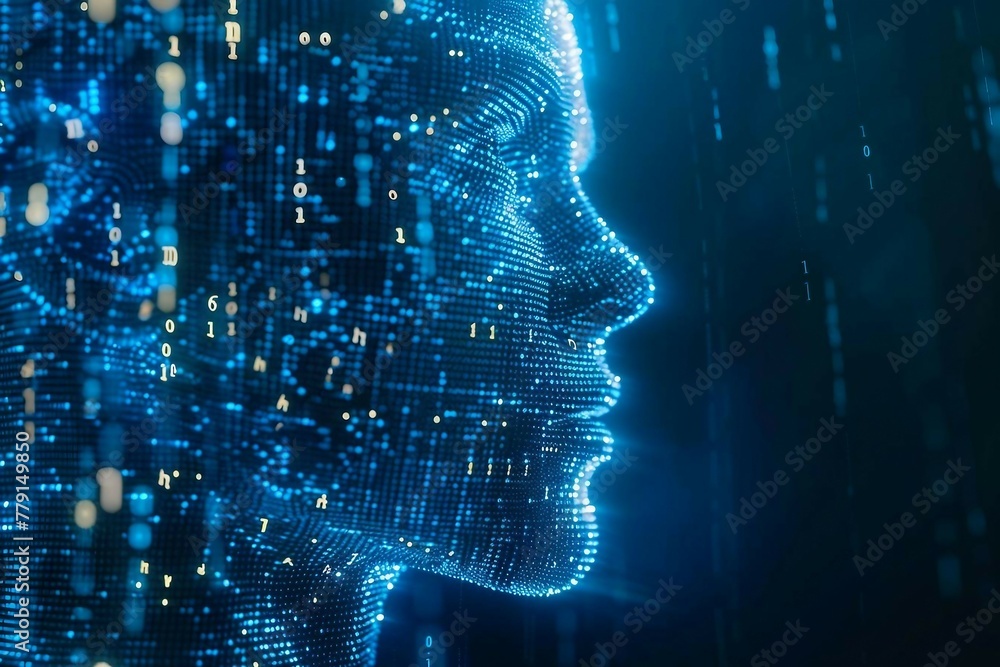 blue digital face with data streams, the integration of artificial ...