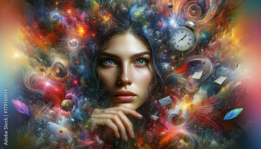 A womans face sits at the center of a chaotic scene, surrounded by an ...