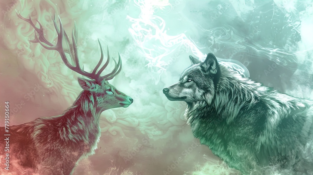 Mystic Encounter: Ethereal Stag Meets Wolf in Misty Dreamscape. Stock ...