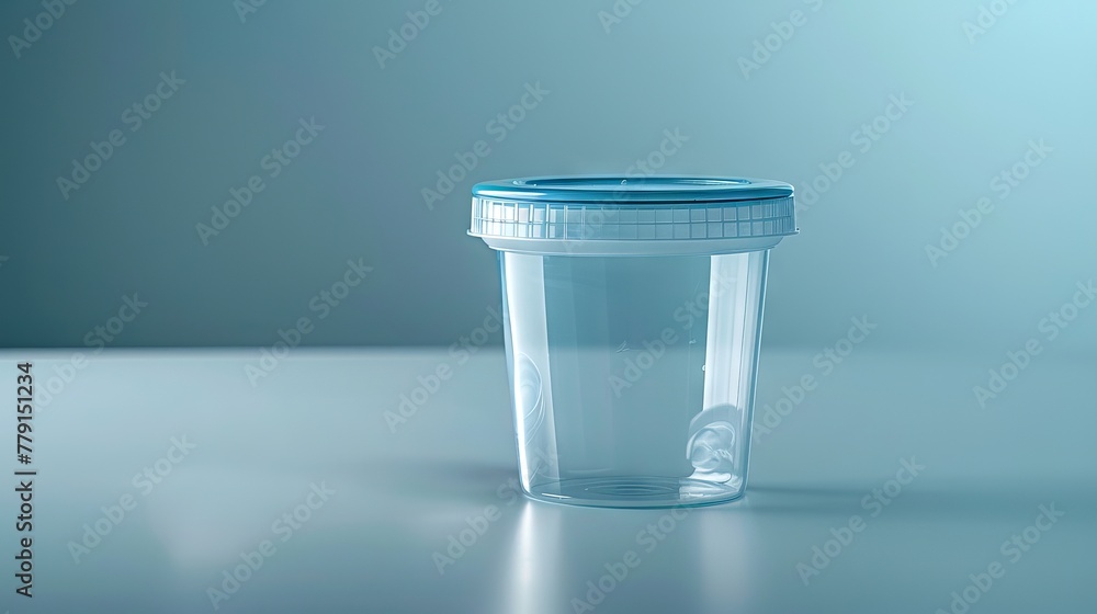 Transparent urine analysis container with lid. Clear specimen cup on a ...