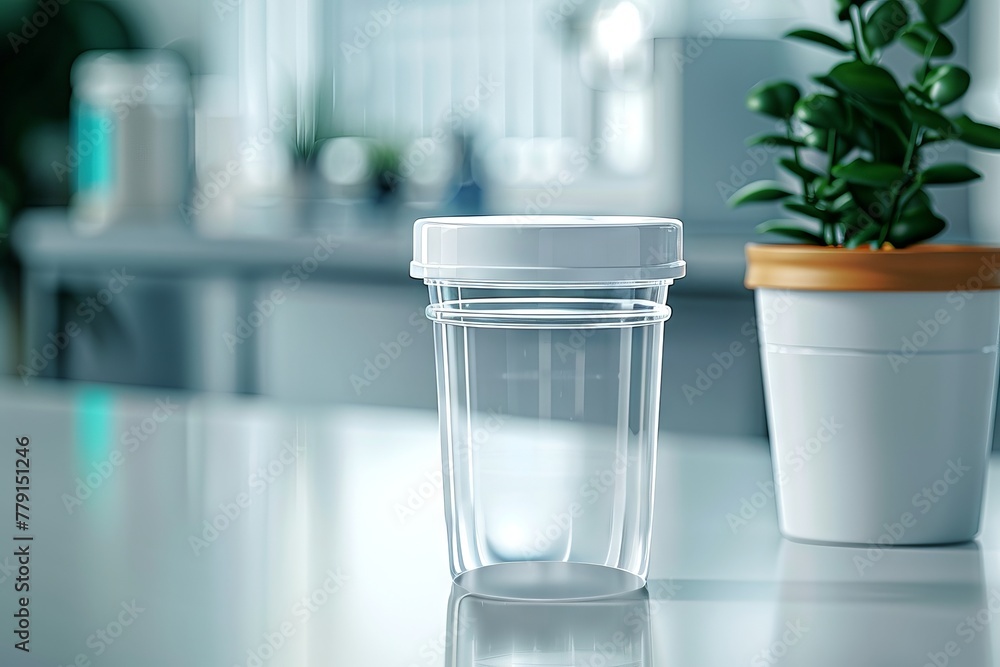 Transparent urine analysis container with lid. Clear specimen cup on a ...