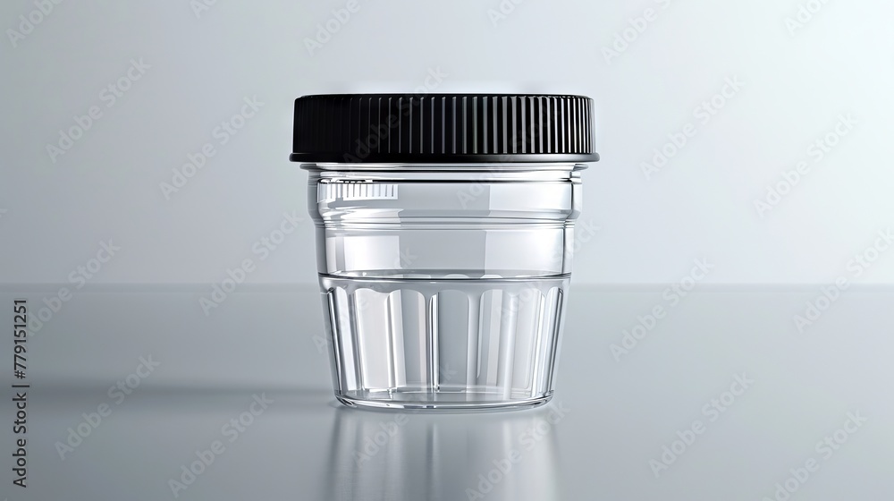 Transparent urine analysis container with black lid. Clear specimen cup ...