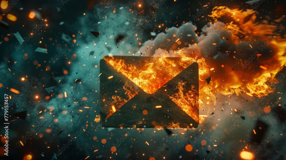 Fiery explosion of an envelop icon - A dramatic representation of a ...