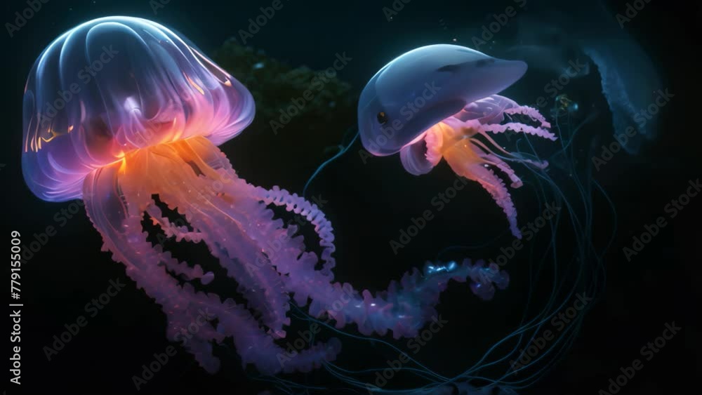A pair of jellyfish gracefully swim together in the tranquil ocean ...