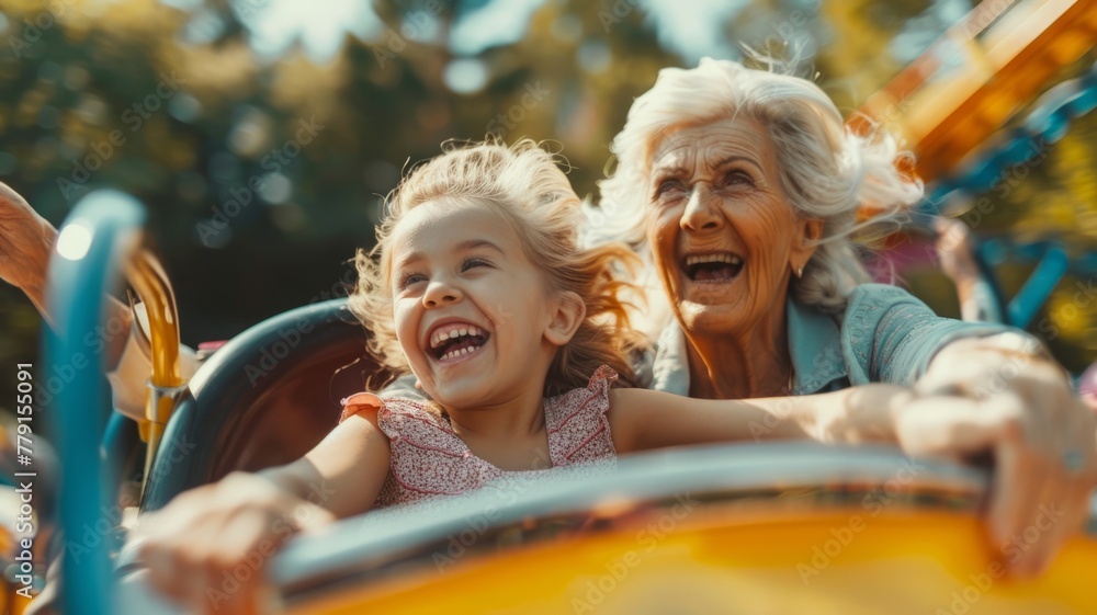 Grandmother and granddaughter on a rollercoaster - Exhilarating moment ...