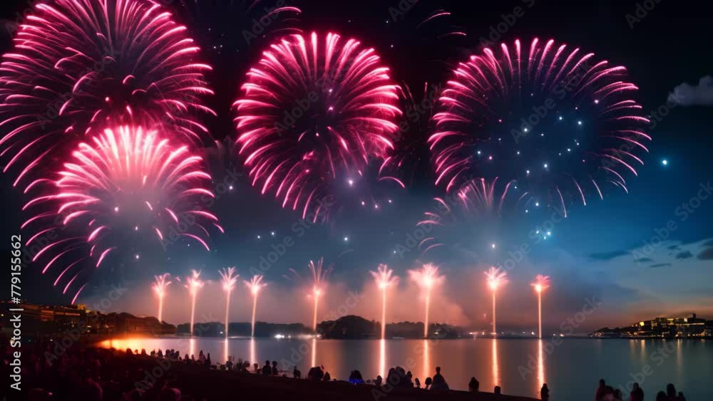 Spectacular fireworks light up the dark night sky, creating a ...
