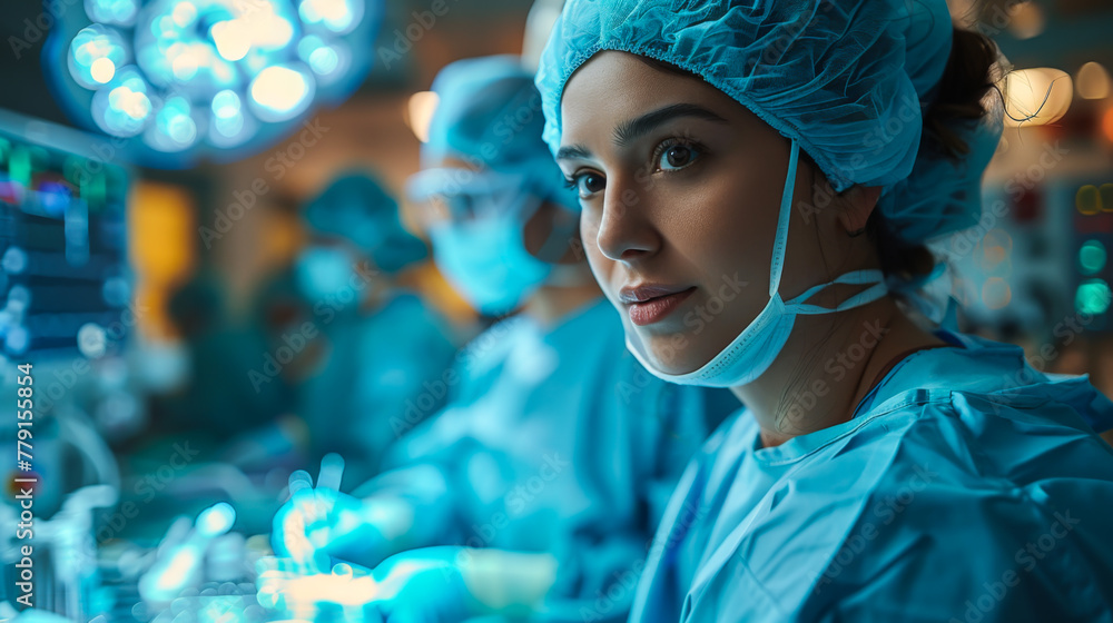 A nurse in the operating room is organizing the surgical instruments on ...