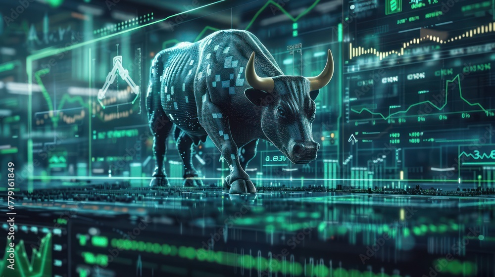 Photograph a conceptual piece where a digital bull charges through ...