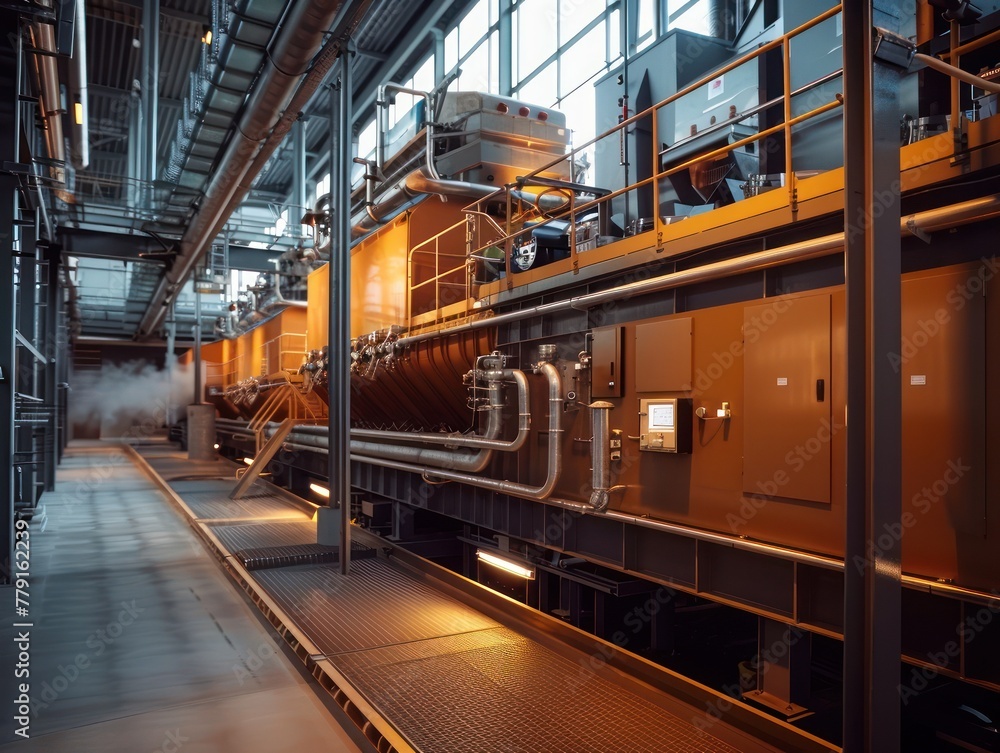 Take a photo of a large biomass boiler system in operation, showcasing ...