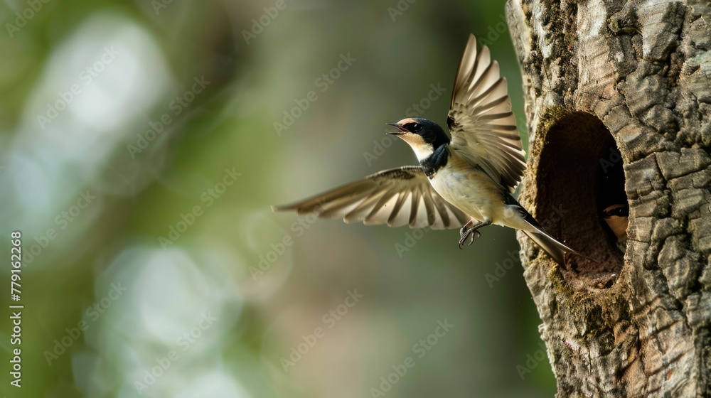 A swallow in flight with fully spread wings, while its young peeks out ...
