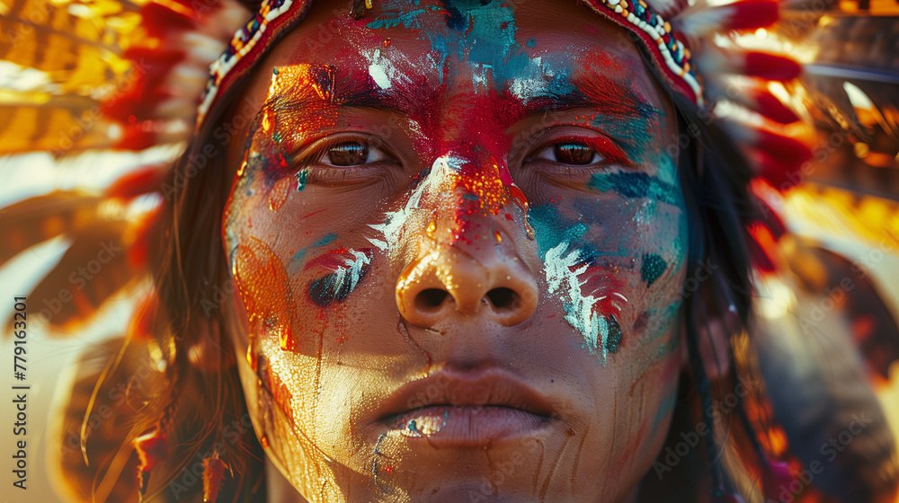 Indigenous person with traditional face paint and headdress. Pride ...