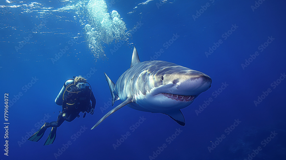 Oceanic Encounter: With a sense of awe and wonder, a scuba diver marvels at the sight of a ...