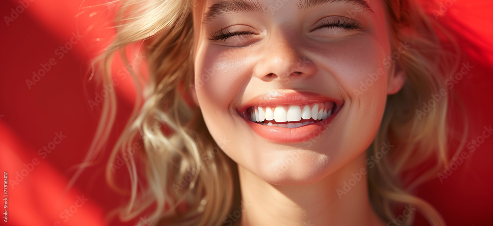 Smiling cute girl with beautiful teeth. concept poster background. Snow ...