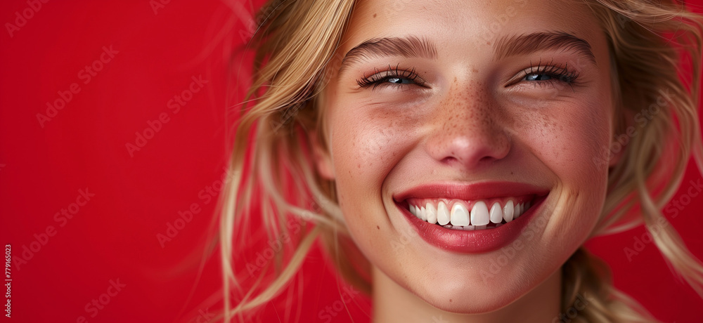 Smiling cute girl with beautiful teeth. concept poster background. Snow ...