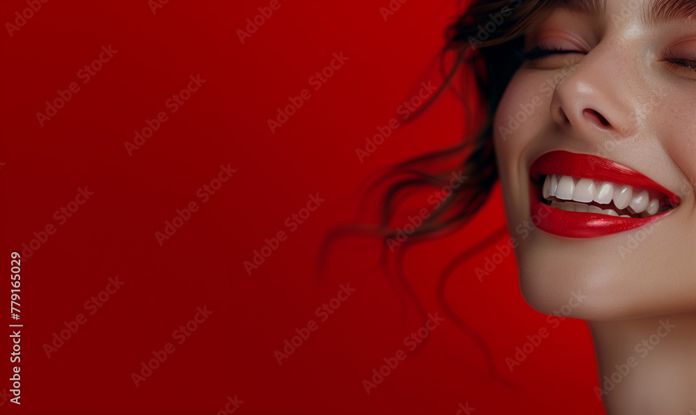 Smiling cute girl with beautiful teeth. concept poster background. Snow ...