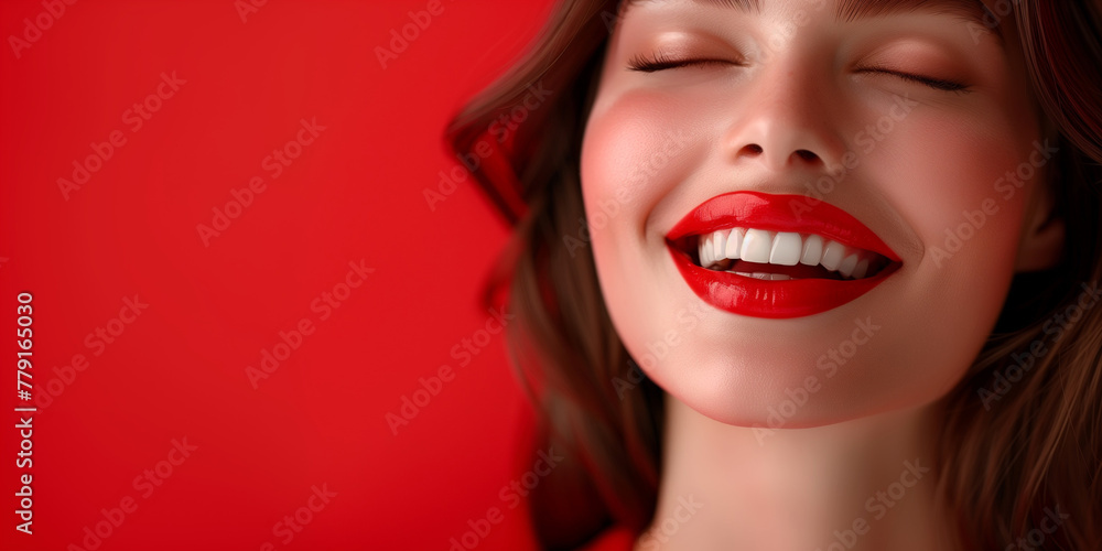 Smiling cute girl with beautiful teeth. concept poster background. Snow ...