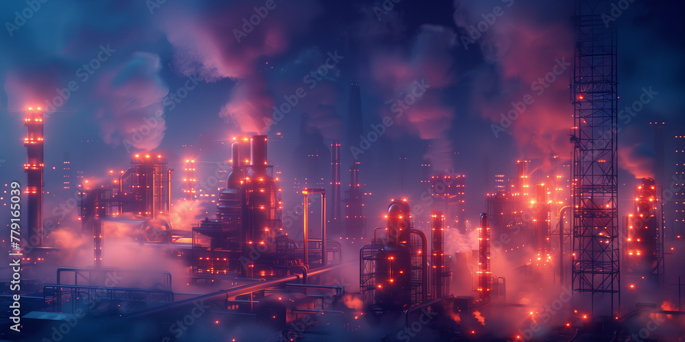 Night factory concept poster background. Night plant with pipes and ...