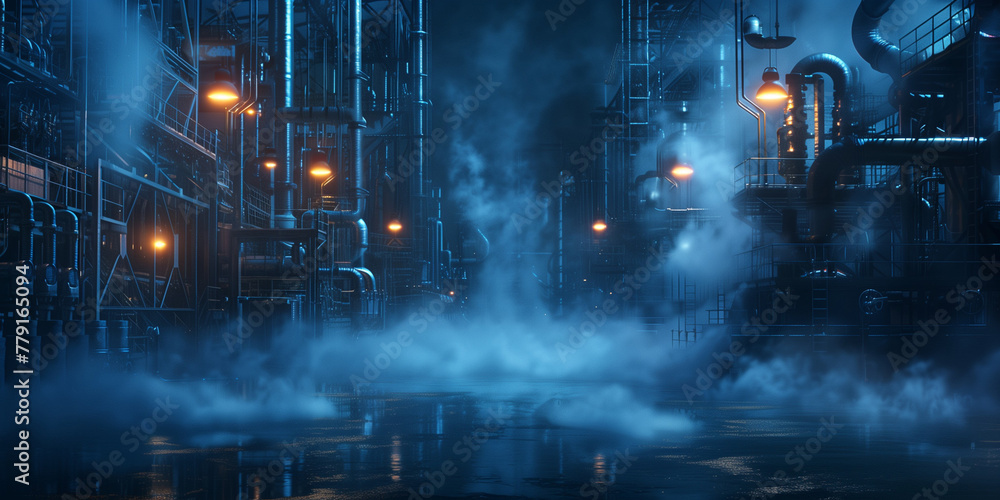 Night factory concept poster background. Night plant with pipes and ...