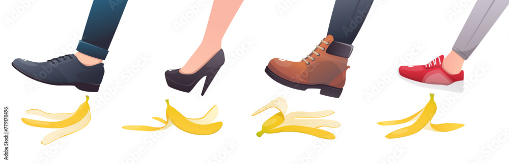Feet step on banana peel. People slip up on fruit peelings. Organic ...