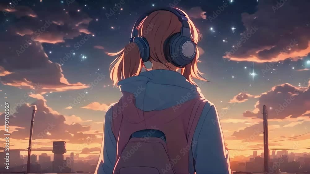Lofi animation 3d cartoon character girl listening to music in ...