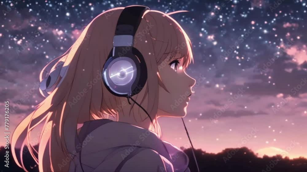 Lofi animation 3d cartoon character girl listening to music in ...