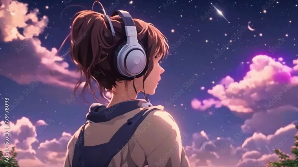 Lofi animation 3d cartoon character girl listening to music in ...
