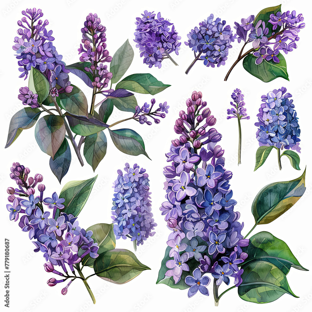 Versatile watercolor clipart set featuring lilac bouquets, single ...