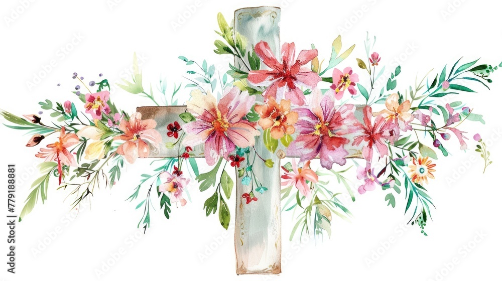 A beautiful watercolor painting of a cross adorned with flowers ...