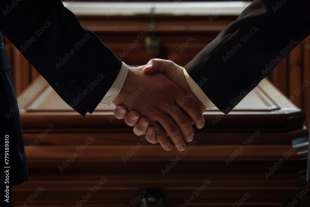 Two people exchanging a consoling handshake in front of a coffin at a ...