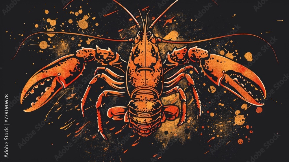 Detailed drawing of a lobster on a dark black background. Suitable for ...