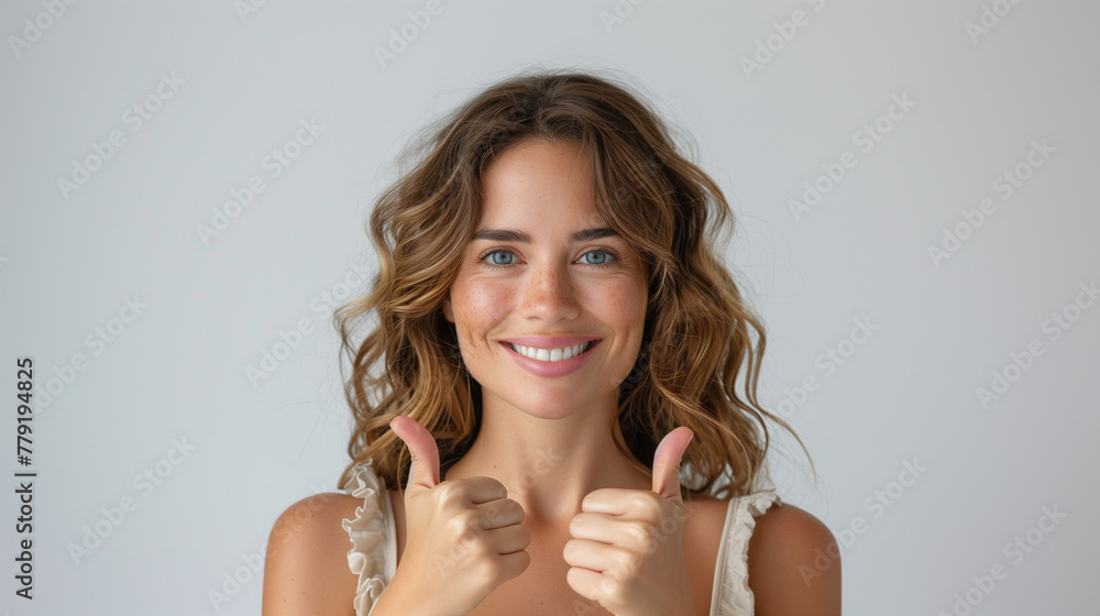 Femme joyeuse levant les pouces en l'air, photographie sur fond blanc ...