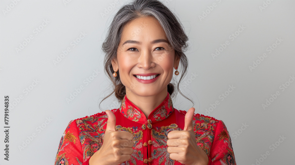 Femme joyeuse levant les pouces en l'air, photographie sur fond blanc ...