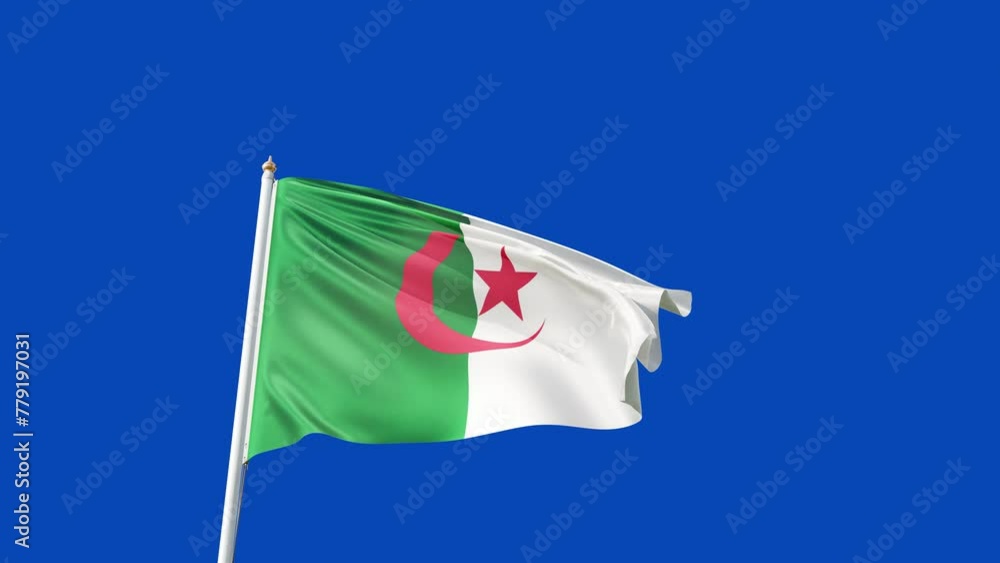 flag of algeria on a blue screen waving in the wind, symbol of the ...