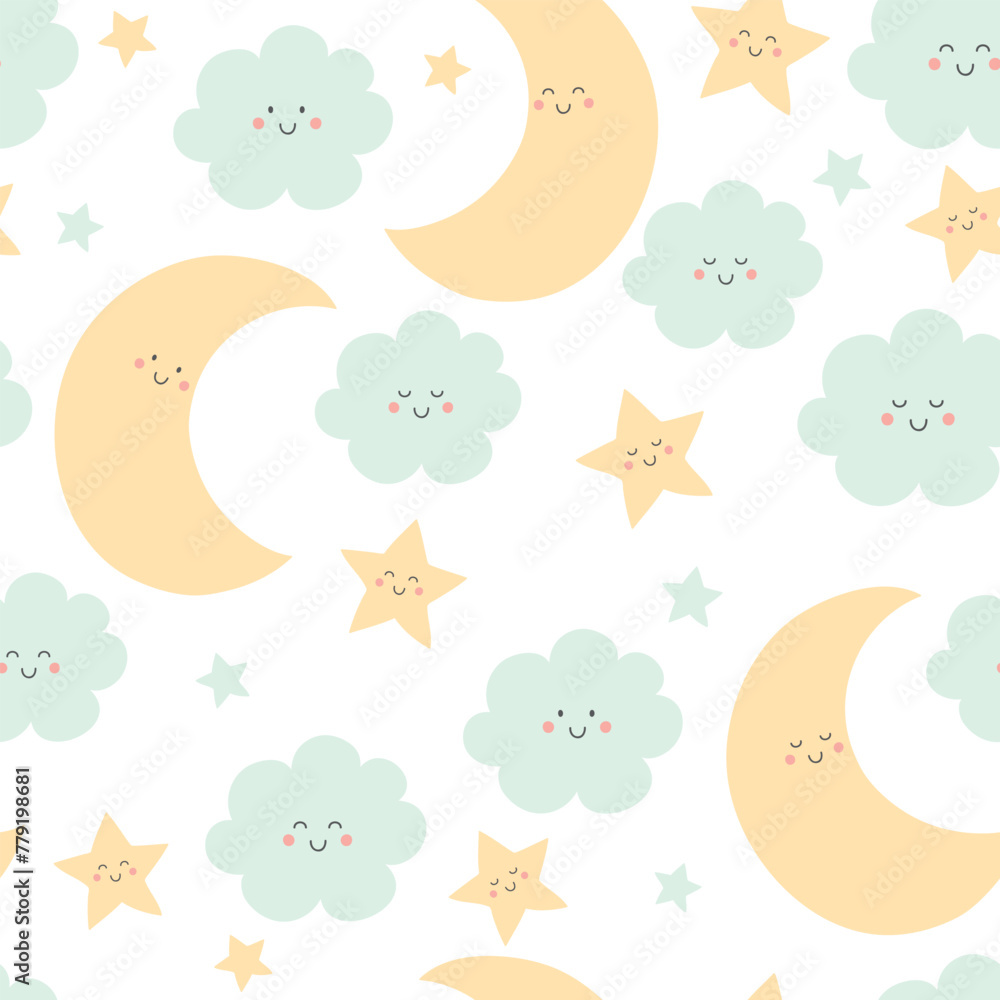 Seamless pattern with cute moon, clouds and stars. Sleeping moon, baby ...